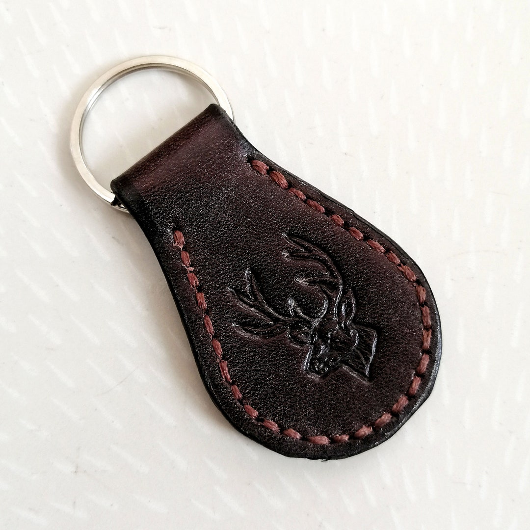 Deer Head Keychain, Brown Leather Keyfob, Ring Key Chain, Embossed ...