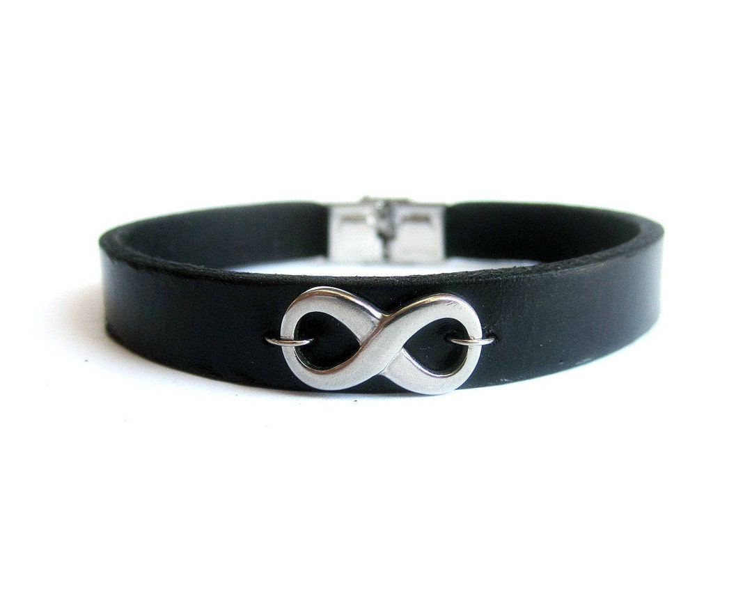 Infinity Bracelet for Men, Black Leather Bangle, Stainless Steel ...