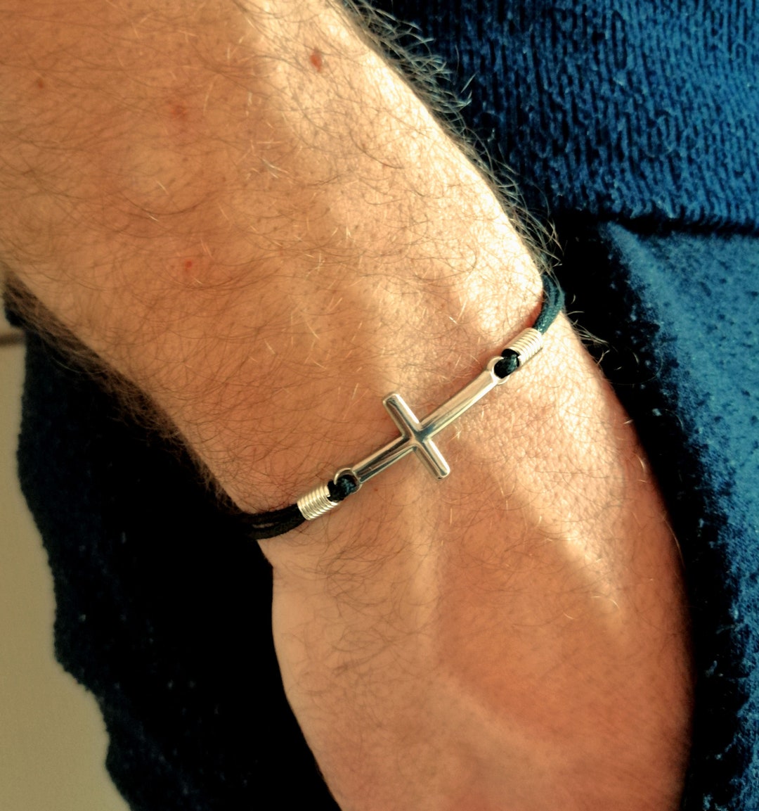 Silver Cross Cord Bracelet for Men, Stainless Steel Cross Bracelet ...