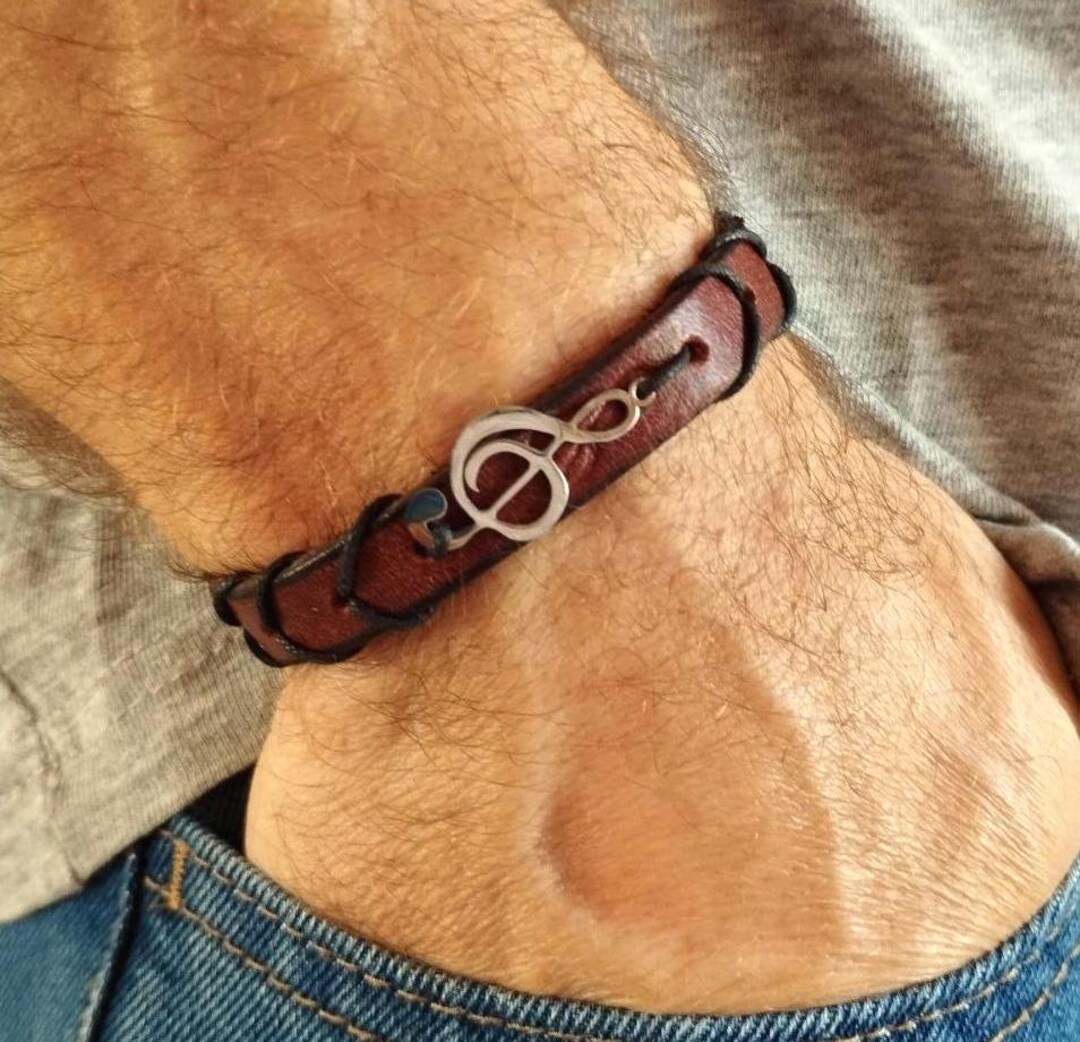Treble Clef Bracelet, Brown Leather Wristband, Stainless Steel Bangle ...