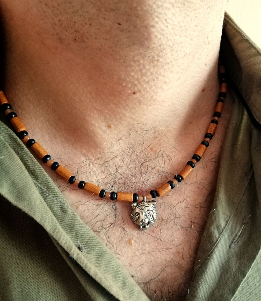 Tiger Necklace for Men, Wood Beaded Necklace, Gift for Him, Tiger ...