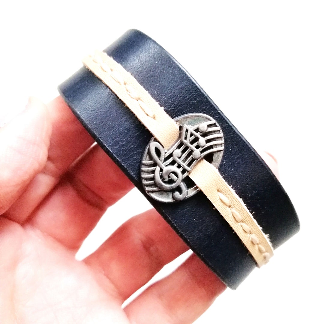 Music Note Bracelet Blue Leather Wide Wristband Musician Gift for Him ...