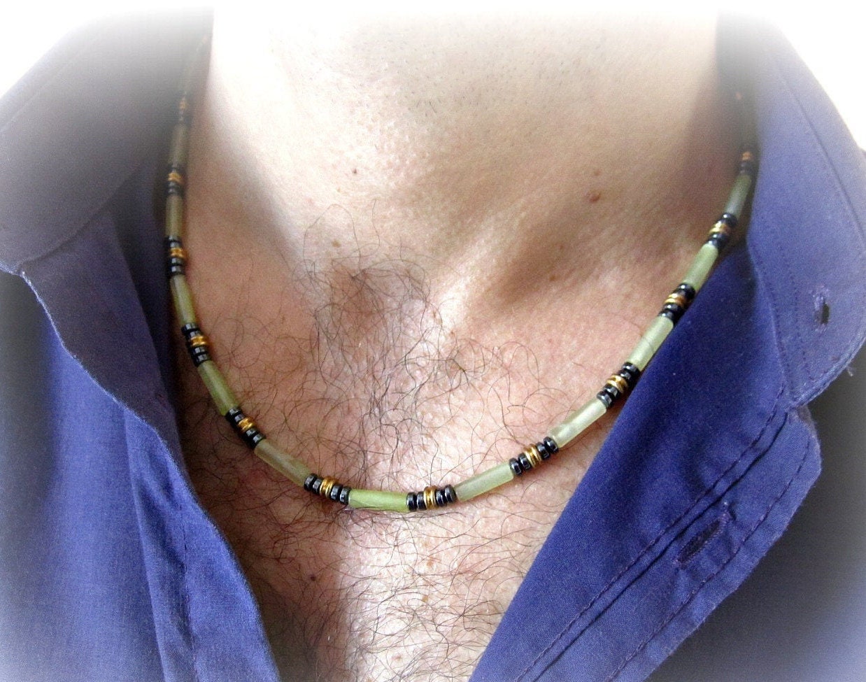 Mens Beaded Necklace Stones, Jade and Hematite Necklace, Green Black ...