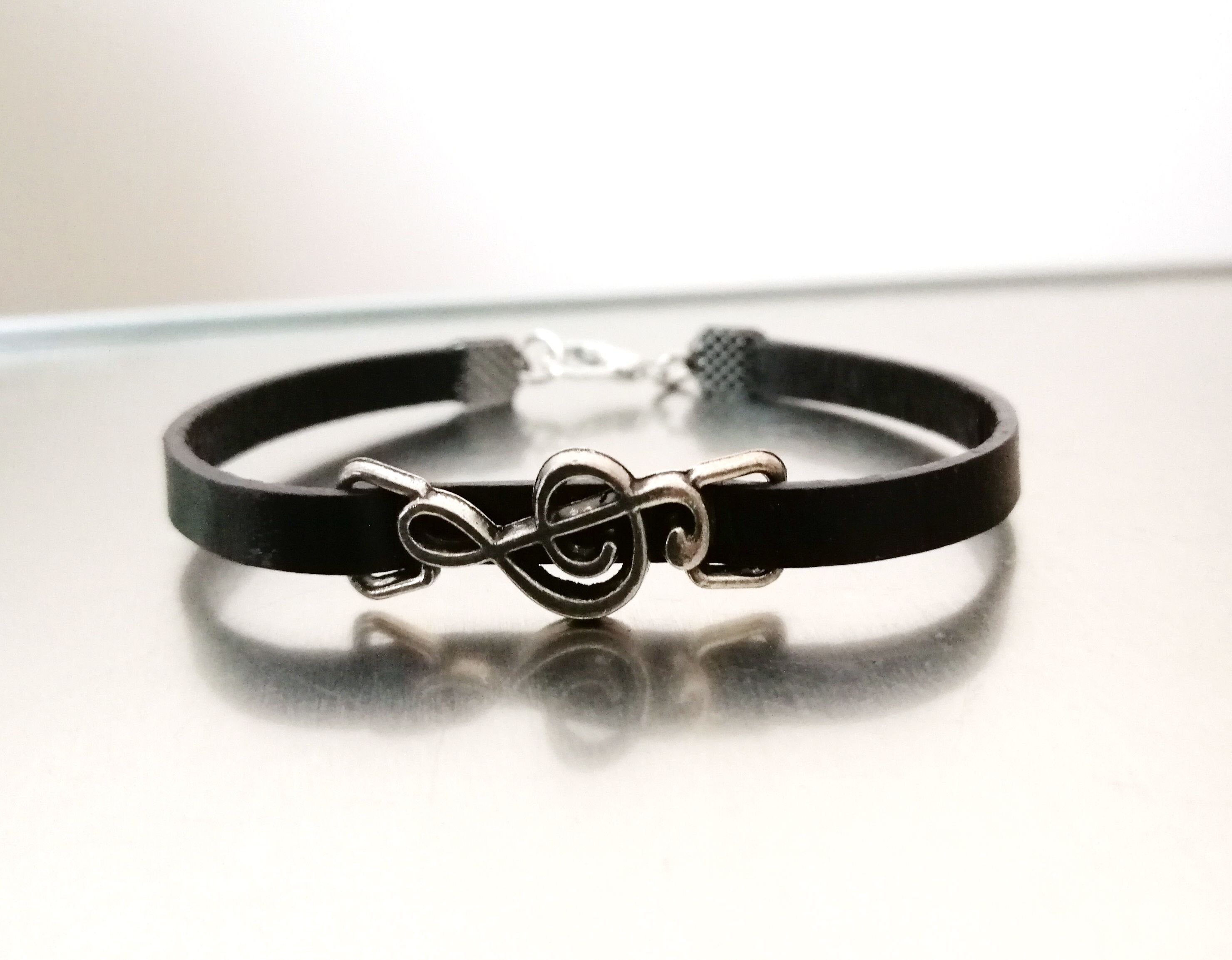 Treble Clef Bracelet for Men, Leather Bracelet, Music Jewelry, Flat ...