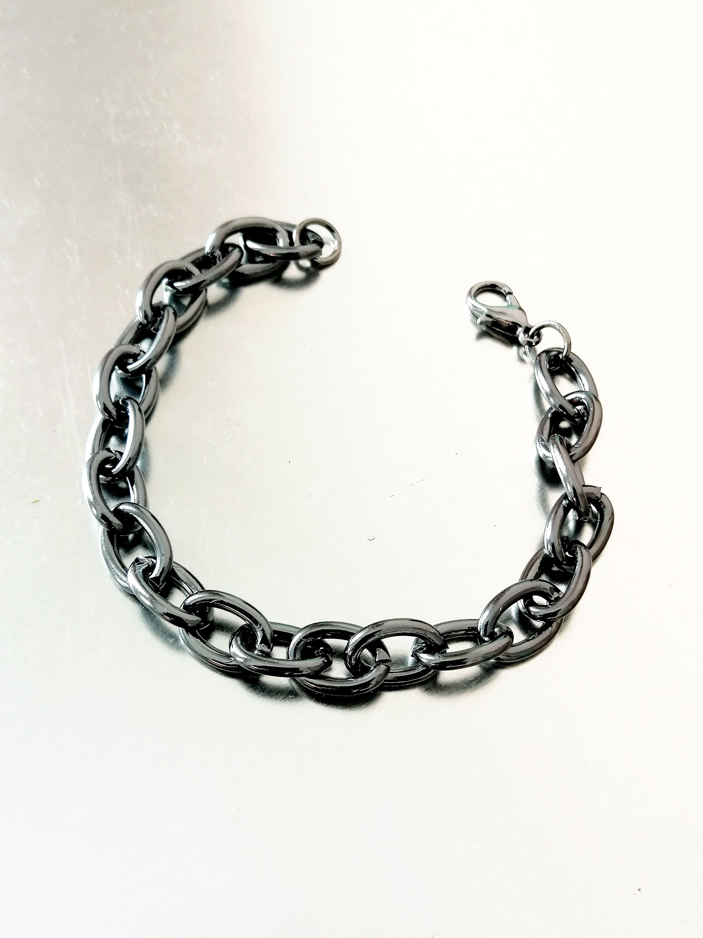 Black Steel Chain Bracelet for Men, 7 Mm Cable Chain Bracelet, Gift for ...