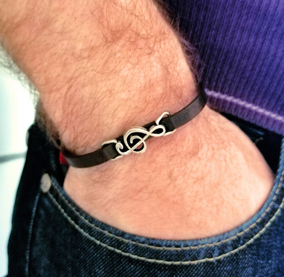 Treble Clef Bracelet for Men, Leather Bracelet, Music Jewelry, Flat ...