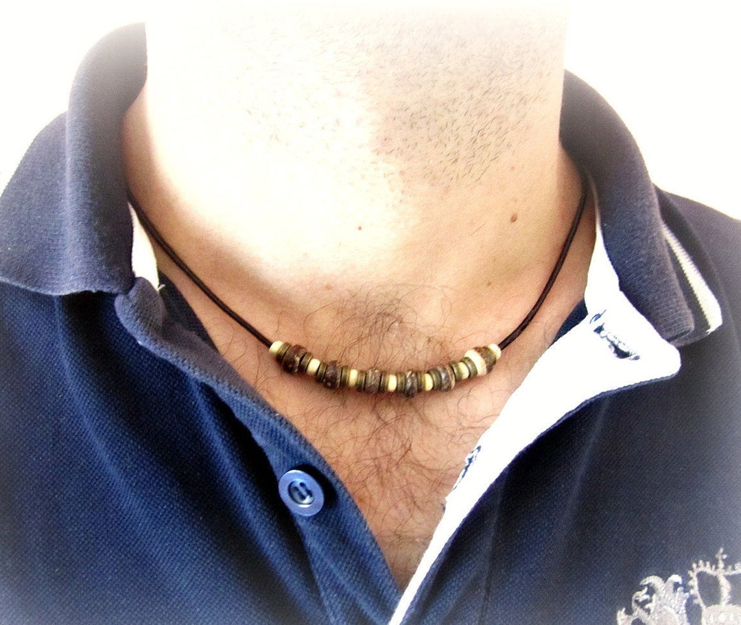 Coconut Beaded Choker for Men, Wood Bead Leather Necklace, Ethnic ...