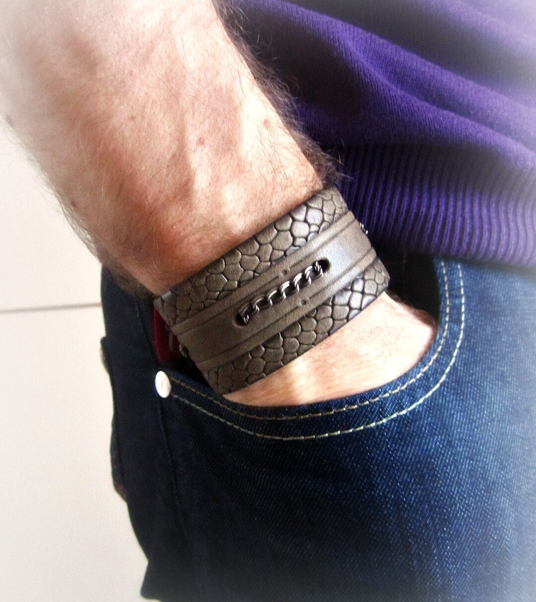 Gray Leather Bracelet for Men, Wide Leather Wristband, Snakeskin ...