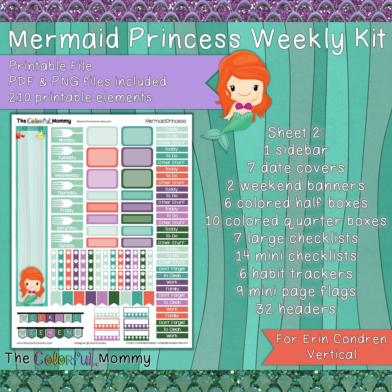 Mermaid Princess Weekly Planner Sticker Kit | for Use With Erin Condren ...