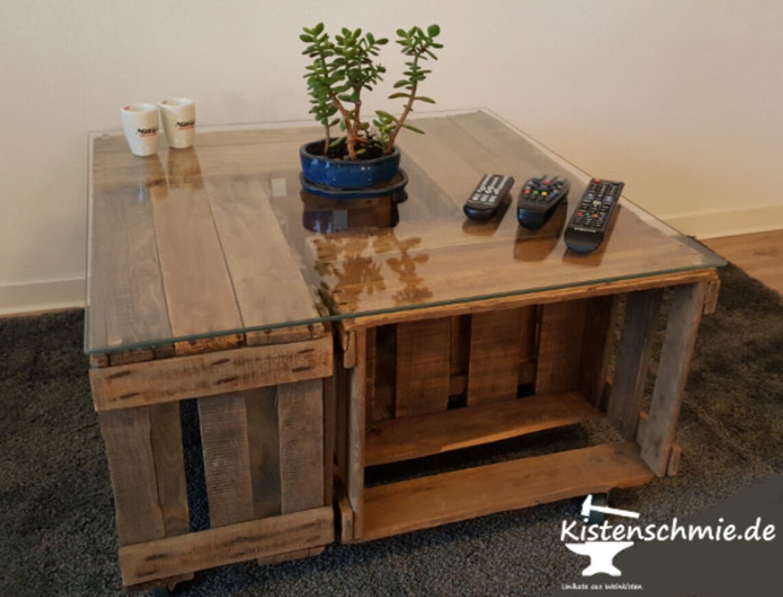 Chilli-milli Table With Glass Plate Made of Old Wine Boxes | Etsy
