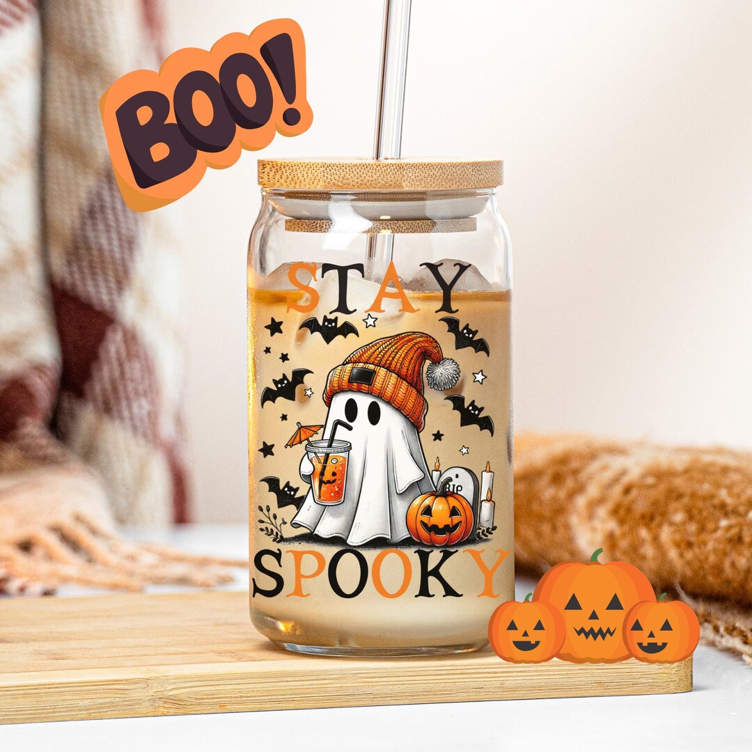 Stay Spooky Ghost Sipper Glass With Straw, Halloween 16oz Cup, Ghost ...