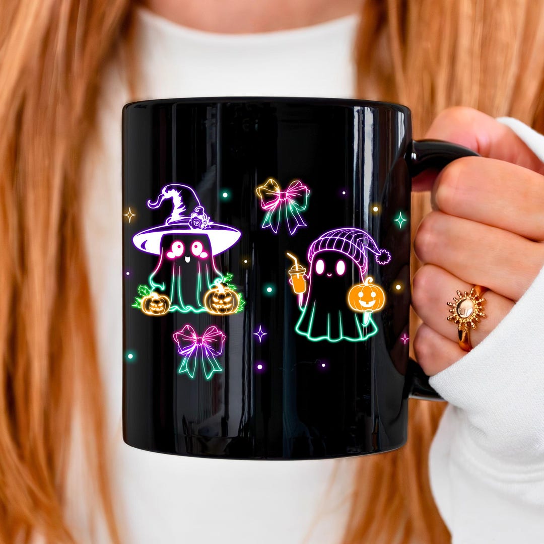 Cute Neon Ghosts 11oz Black Mug, Ghosts Cups, Halloween Ghost Mugs ...