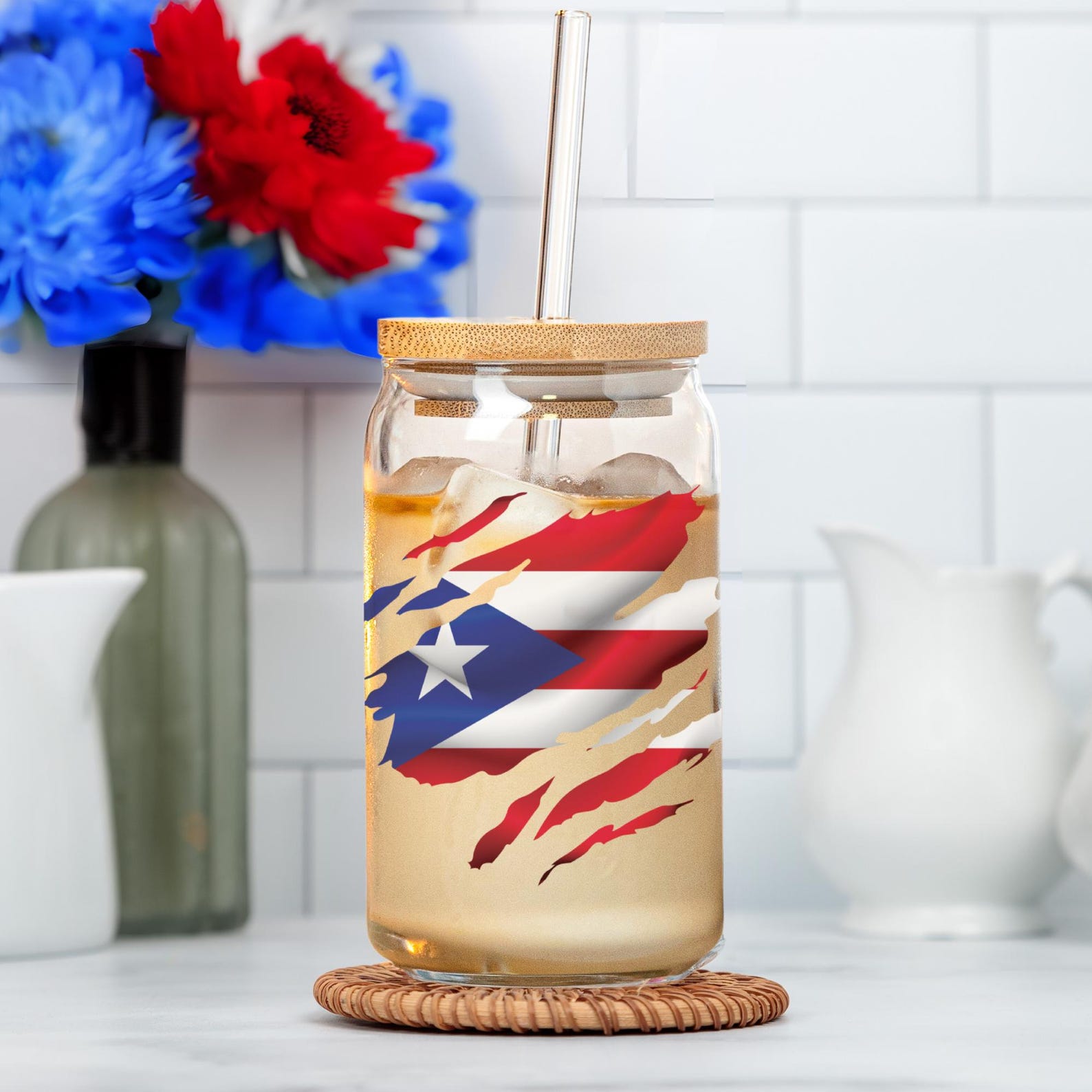 Puerto Rican Flag 16oz Sipper Glass With Straw, Boricua Mug, Latina Cup ...
