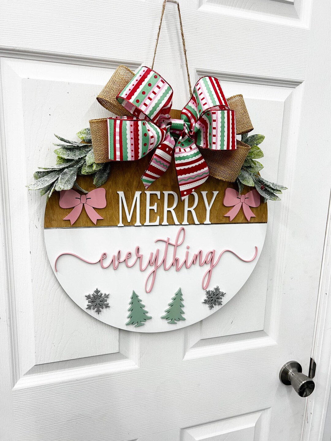Pink Christmas Wooden Door Hanger Merry Everything Wooden Christmas ...