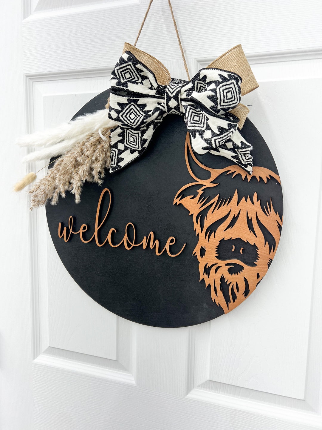 Highland Cow Front Door Wreath Highland Cow Door Sign Aztec Western ...