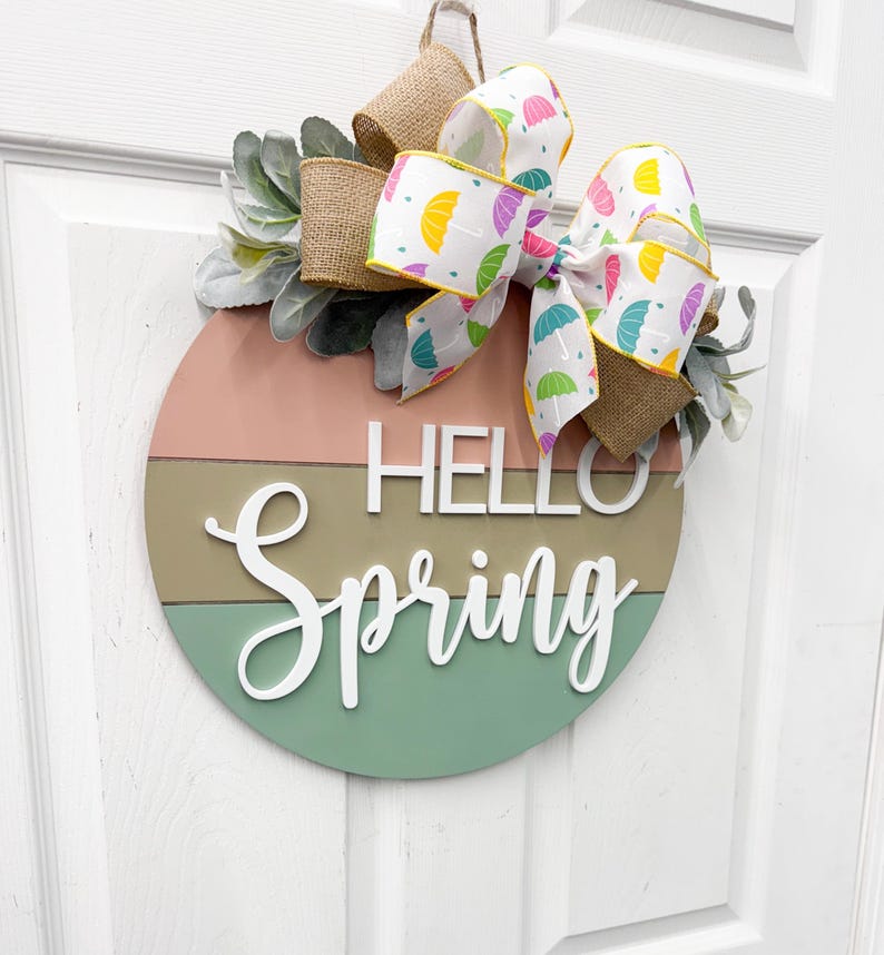 Spring Door Sign for Front Door Hello Spring Door Wreath Wooden Door ...