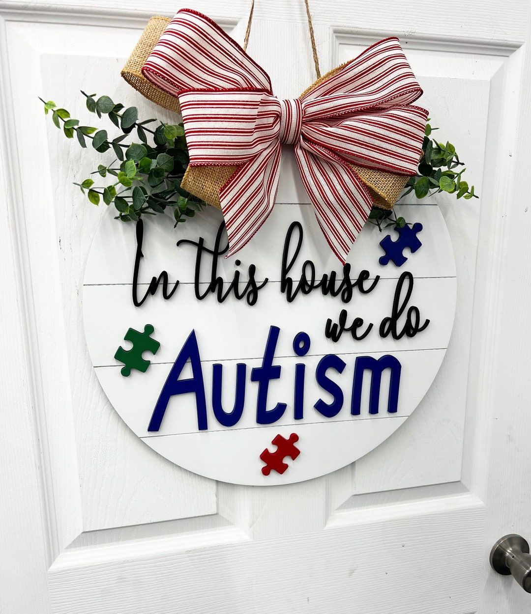 Autism Awareness Door Wreath Autism Mom Front Door Wreath Puzzle Wreath ...