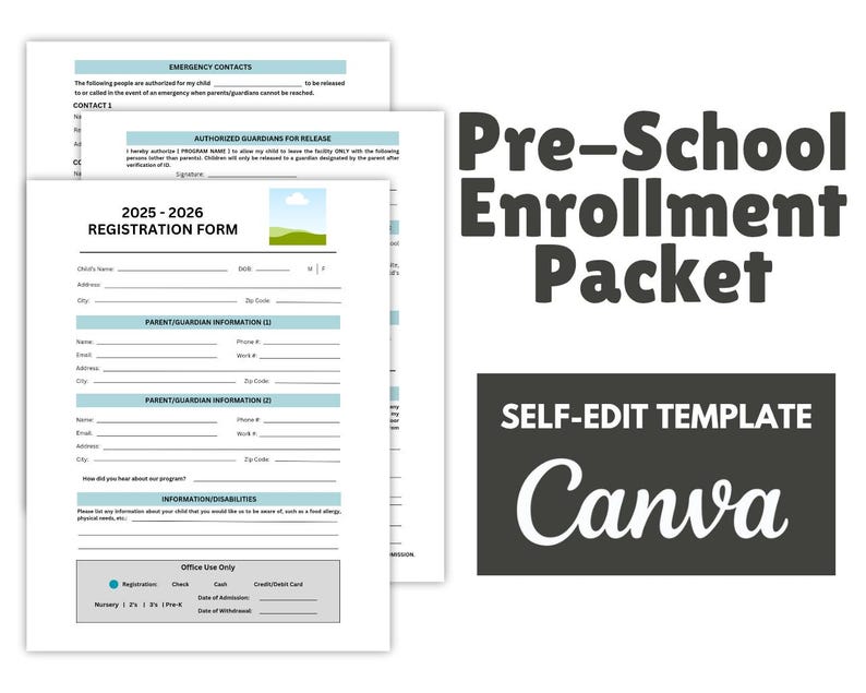 Editable Preschool Enrollment Packet Template 2025-2026 School Year ...