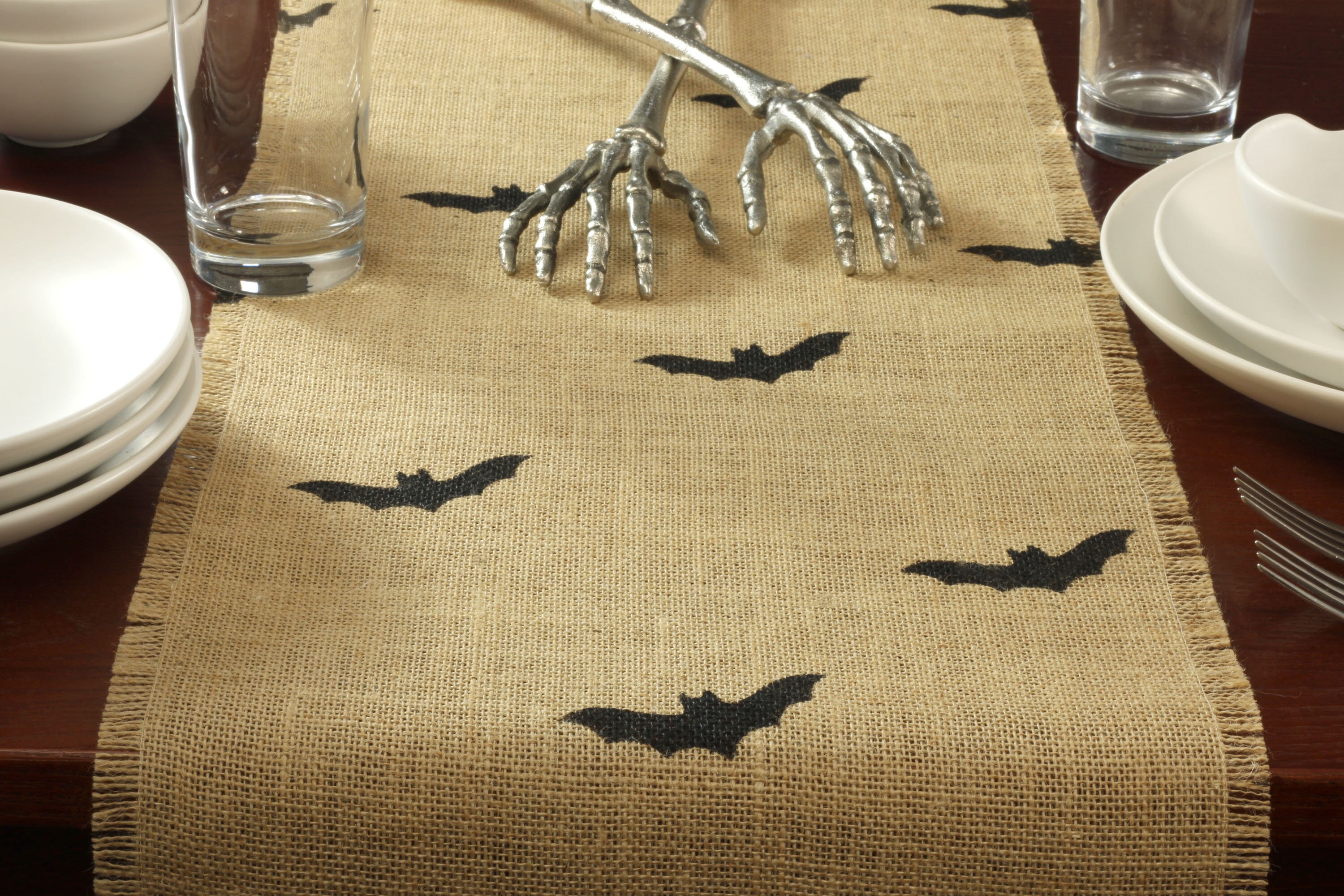 Halloween Burlap Table Runner, Halloween Black Bats Runner, Halloween ...