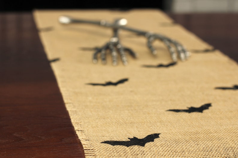 Halloween Burlap Table Runner, Halloween Black Bats Runner, Halloween ...