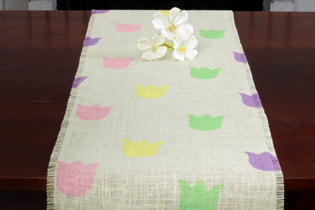 Spring Burlap Table Runner, Lilac, Green, Yellow and Pink Tulip Table Runner, Farmhouse Runner ...