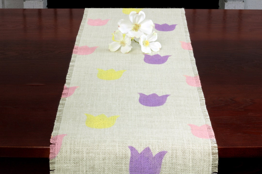 Spring Burlap Table Runner, Lilac Yellow and Pink Tulip Table Runner ...