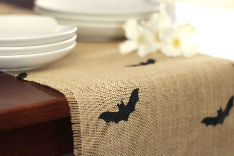 Halloween Burlap Table Runner, Halloween Black Bats Runner, Halloween ...