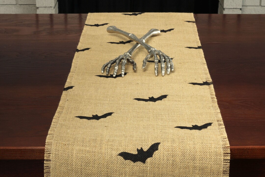 Halloween Burlap Table Runner, Halloween Black Bats Runner, Halloween ...