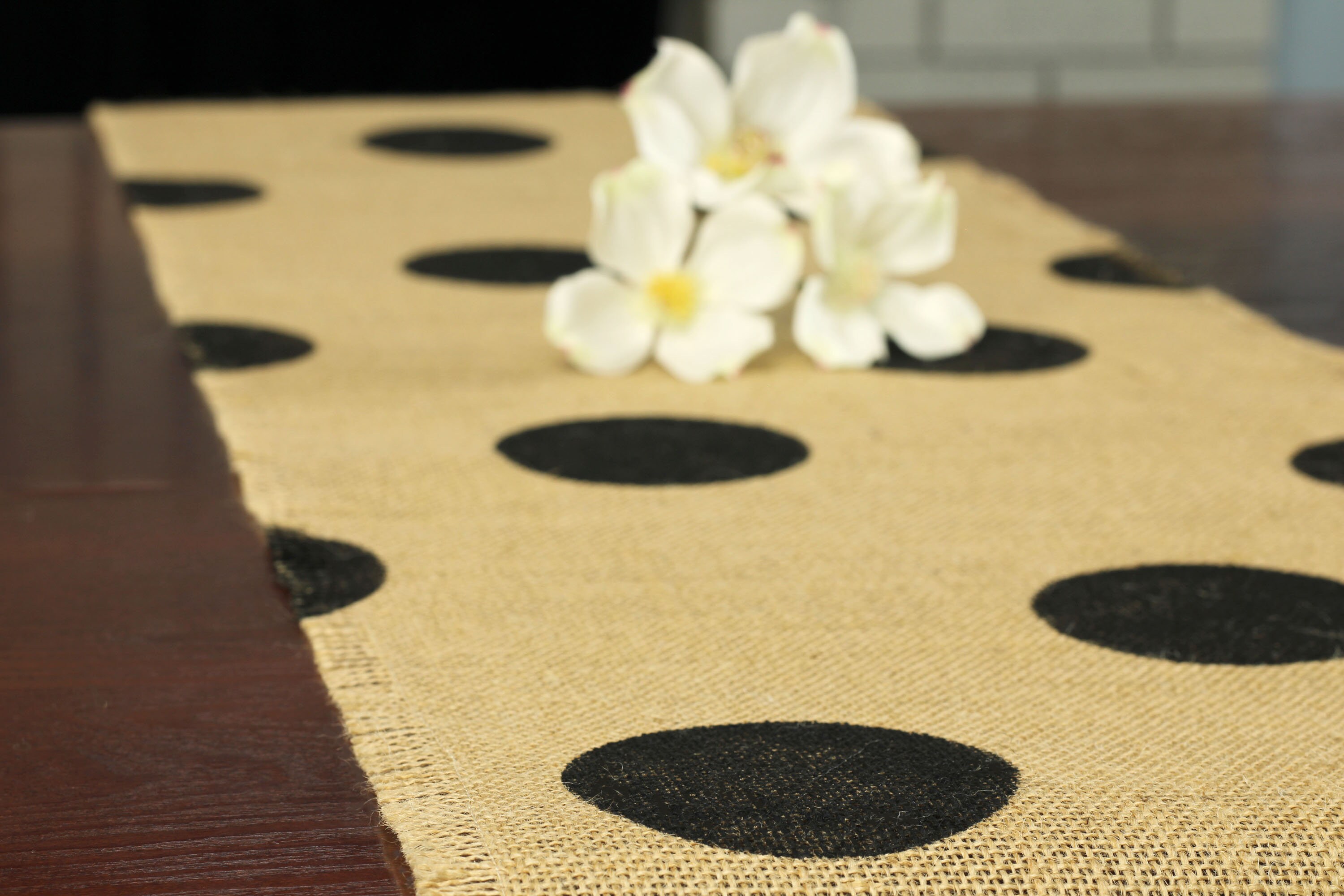 Burlap Table Runner, Black Polka Dot Table Runner, Natural Table Runner ...