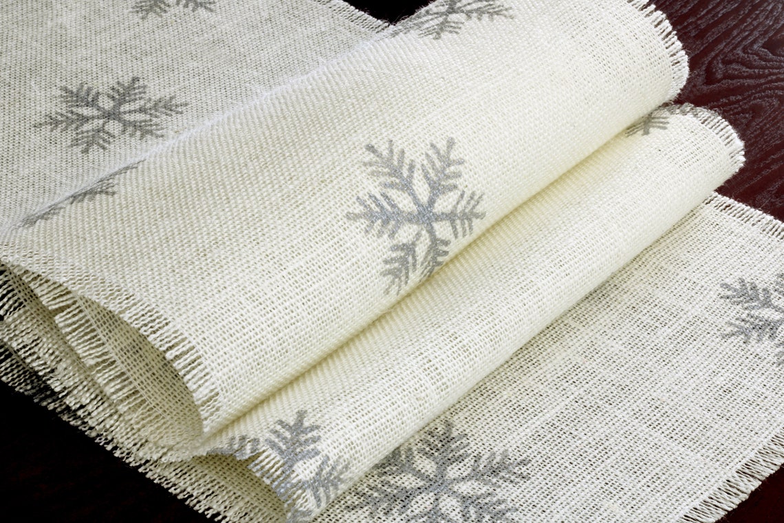 Christmas Burlap Table Runner Christmas Silver Snowflake | Etsy