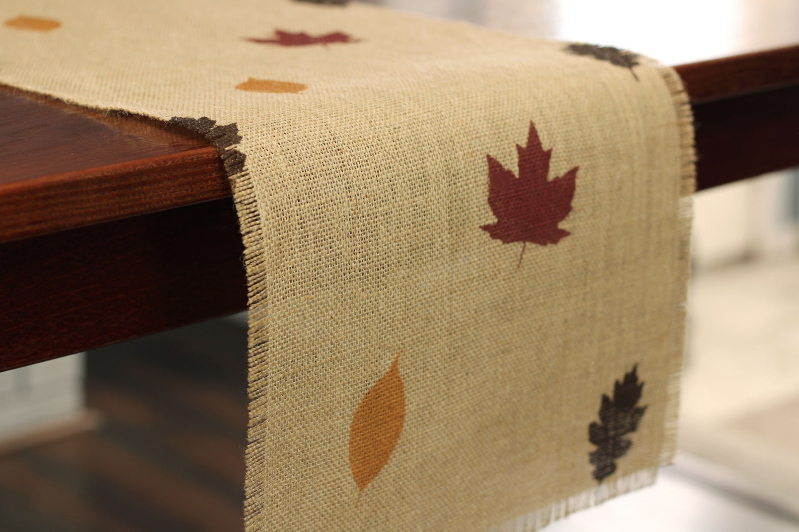 Fall Burlap Table Runner, Brown, Golden Brown and Barn Red Leaves ...