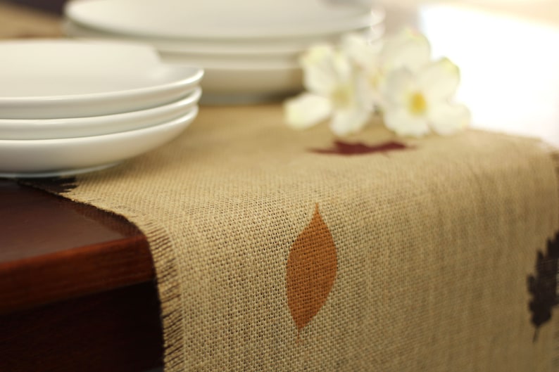 Fall Burlap Table Runner, Brown, Golden Brown and Barn Red Leaves Runner, Fall Table Runner ...