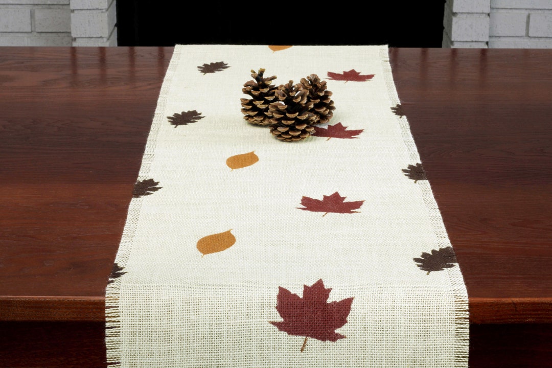 Fall Burlap Table Runner, Fall Brown, Golden Brown and Barn Red Leaves ...