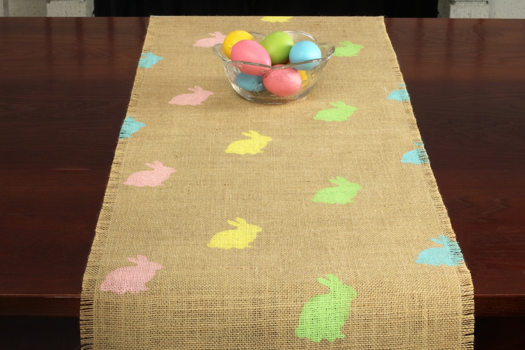 Easter Burlap Table Runner, Easter Green, Yellow, Pink and Blue Bunnies ...