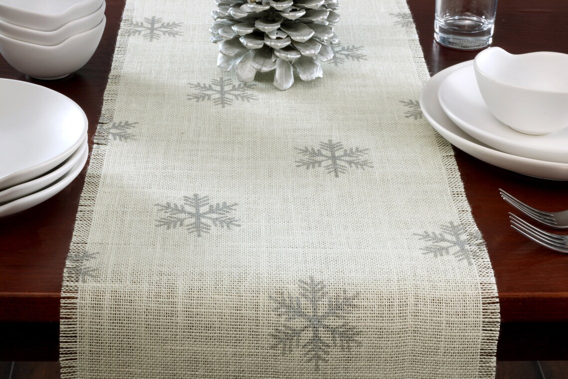 Christmas Burlap Table Runner Christmas Silver Snowflake | Etsy
