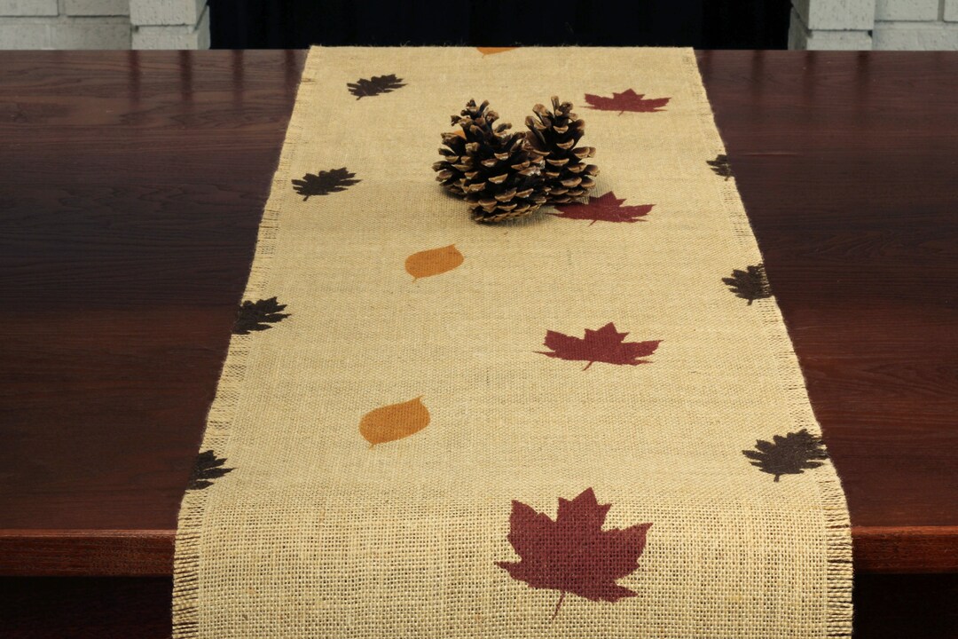 Fall Burlap Table Runner, Brown, Golden Brown and Barn Red Leaves ...