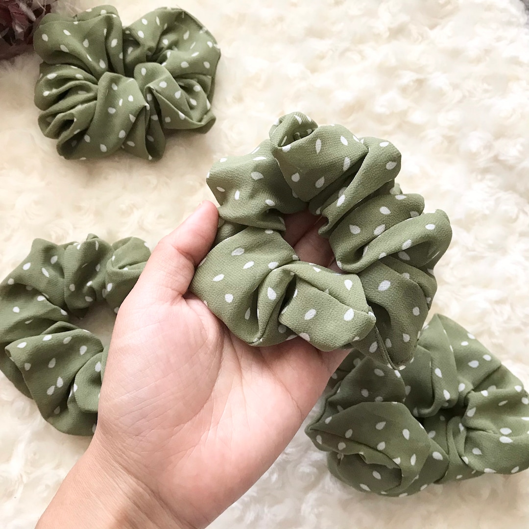 Olive Green Scrunchies, Green Polka Dot Scrunchy, Handmade Scrunchie ...