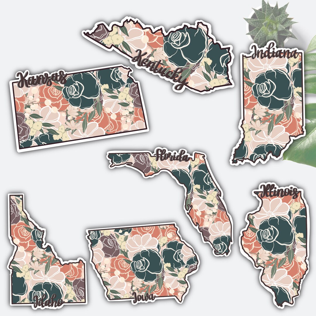 U.S. States State Sticker US State Stickers Decals Vinyl Floral - Etsy