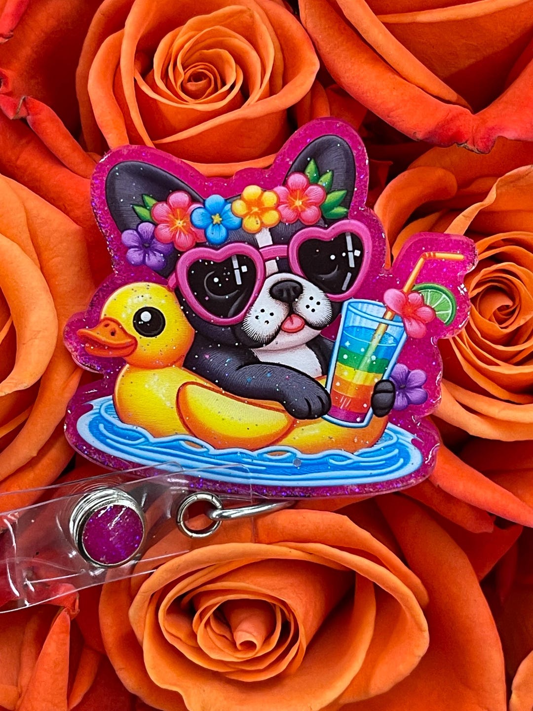 Pool Float Frenchie Reel, Cute Retractable Badge Reel, Badge Reel ...
