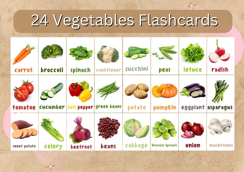 VEGETABLES (real Pictures) 24 Montessori Cards • Flash Cards ...
