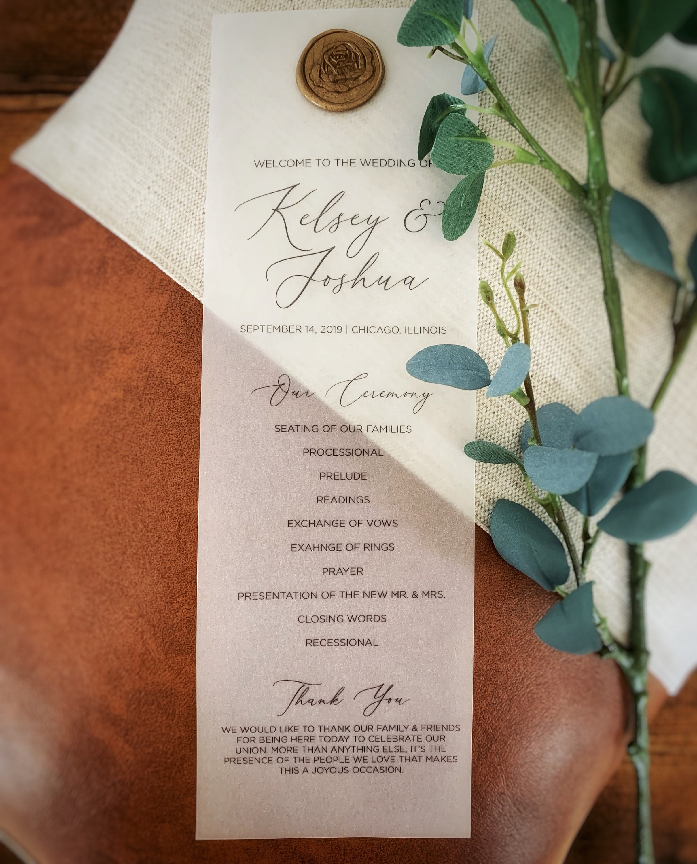 Modern Wedding Ceremony Program on Vellum with Wax Seal | Etsy