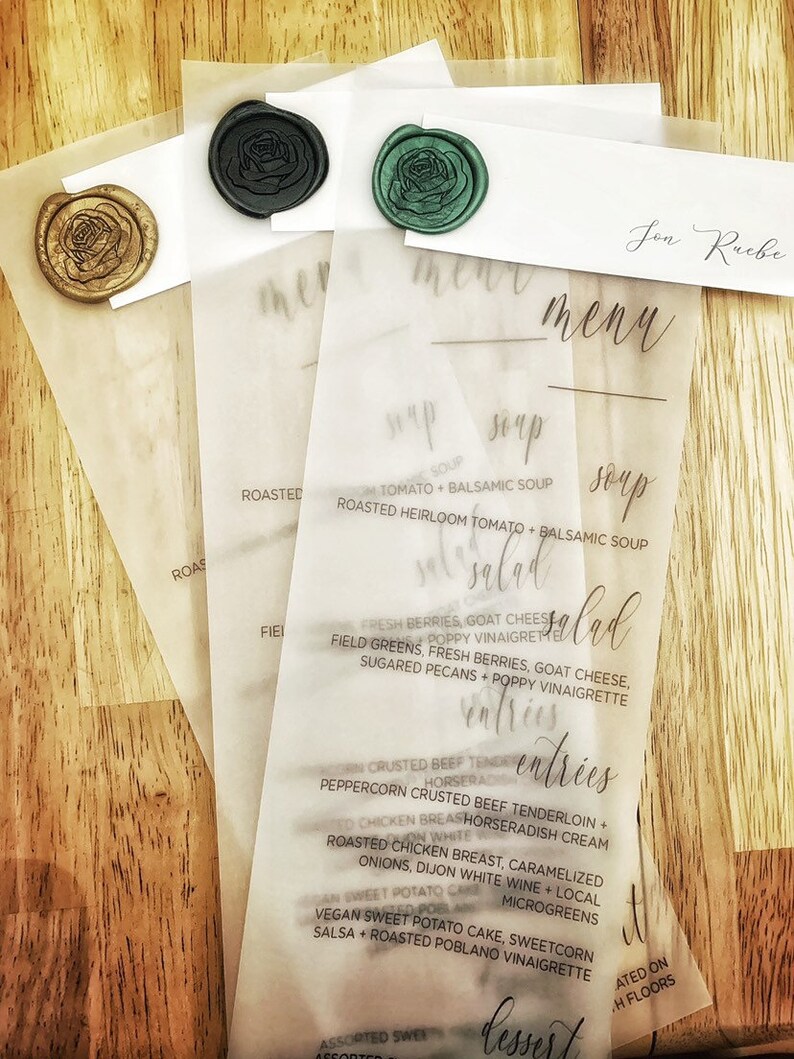 Modern Wedding Menu on Vellum With Wax Seal Attached Place | Etsy