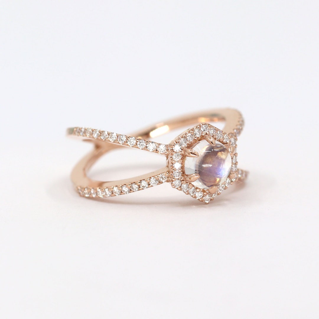 14K Moonstone Diamond Hexagon Wedding Ring / Moonstone Engagement Ring ...