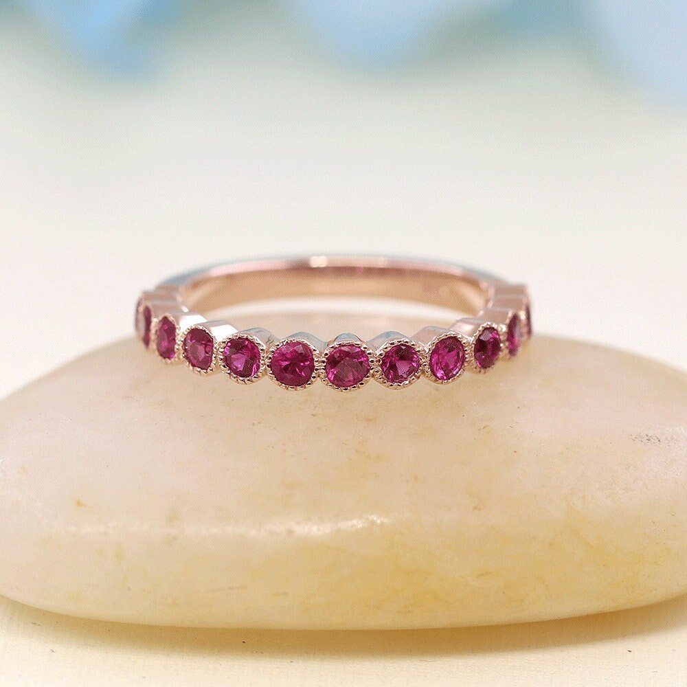 14K Ruby Bezel Wedding Ring / Ruby Band / Stackable Ring / - Etsy