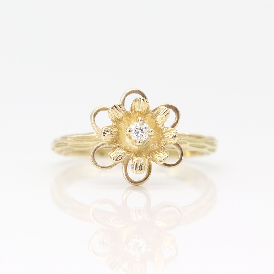 14K Diamond Flower Bridal Ring / Diamond Flower Ring / Simple ...