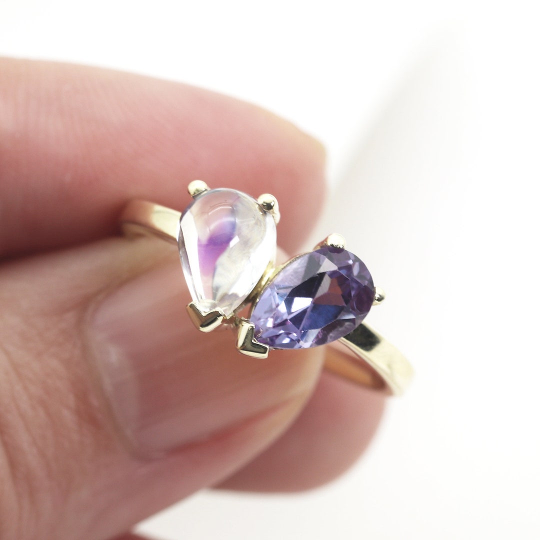 14K Gold Engagement Ring / Double Pear Ring / Moonstone Amethyst Ring ...