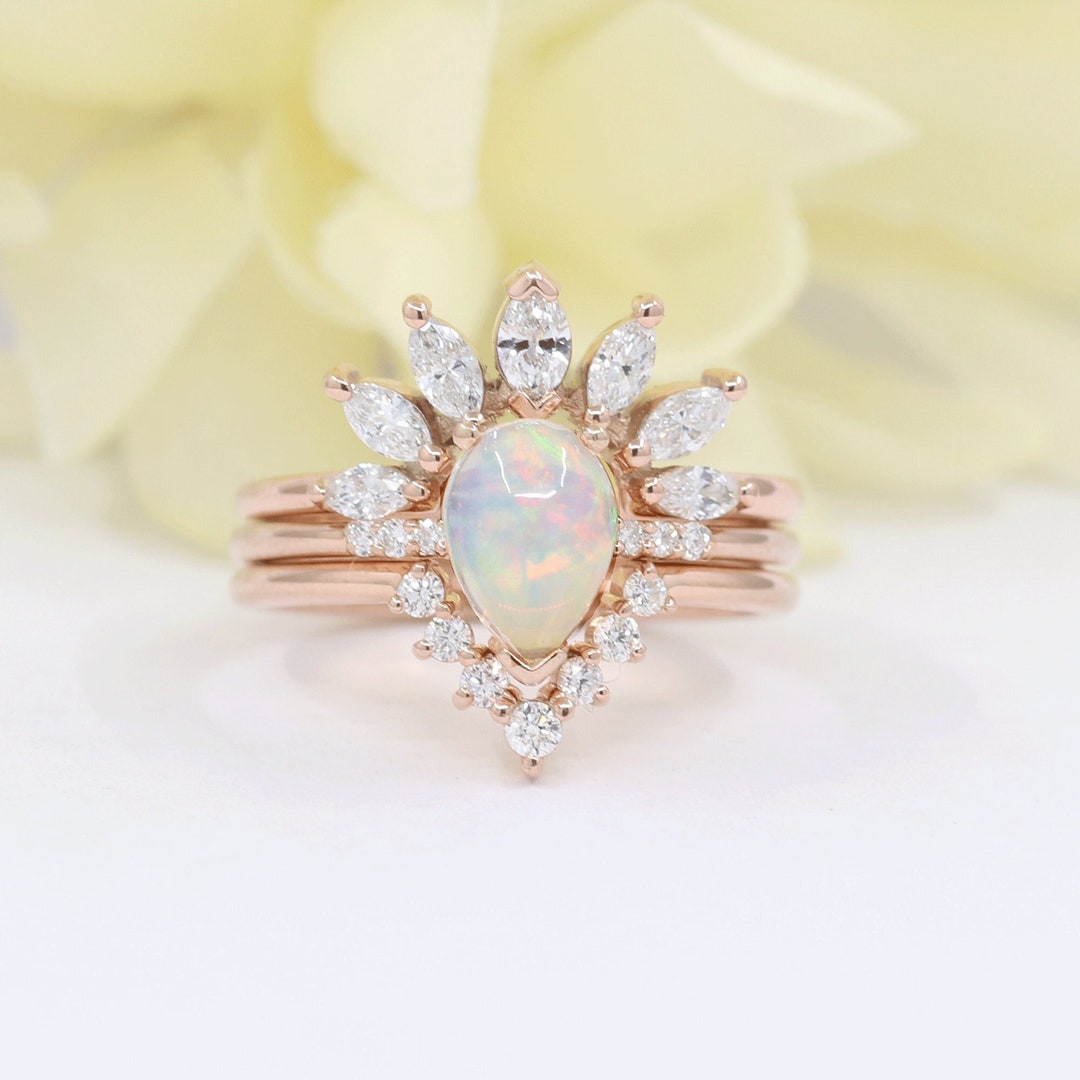 14K Pear Opal Diamond Band 3 Ring Set / Opal Engagement Ring / Diamond Chevron Wedding Band ...