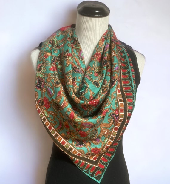 Vintage Large Square Green Silk Scarf, Colorful Summe… - Gem