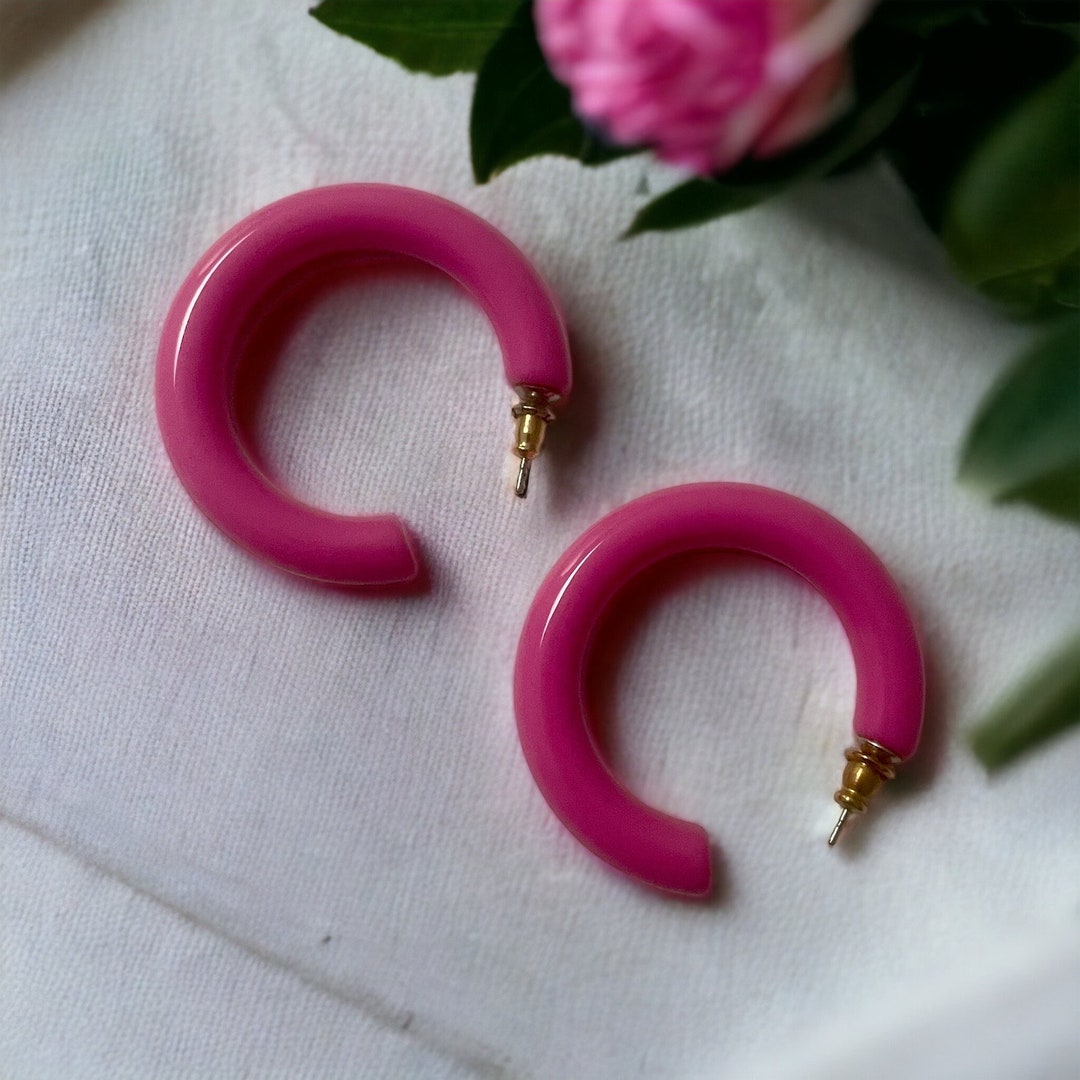 Vintage Hot Pink Large Hoop Pierced Earrings, Fun Summer Earrings, Pink ...