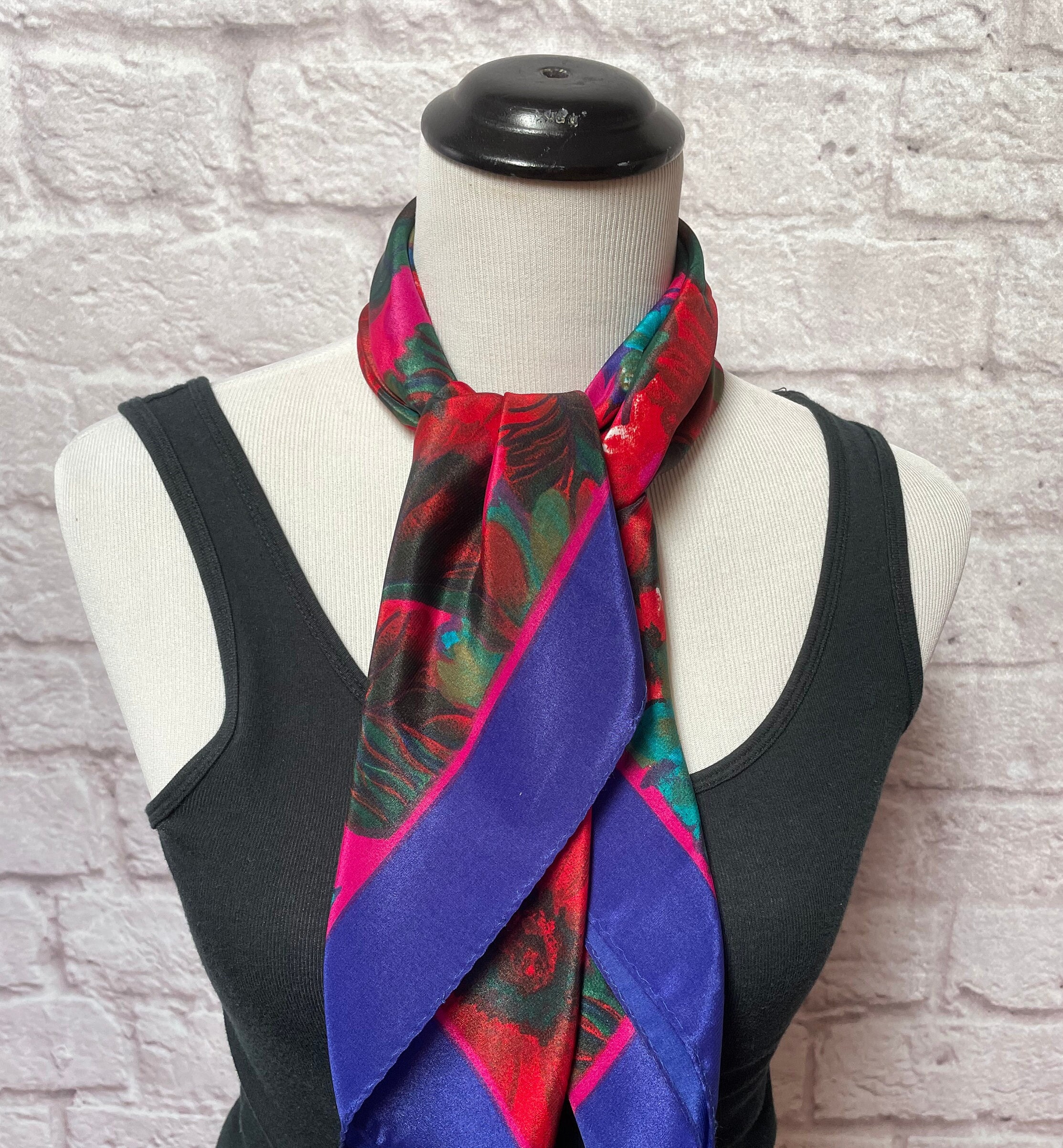 Vintage Red Floral Polyester Scarf, Large Square, Colorful Spring ...